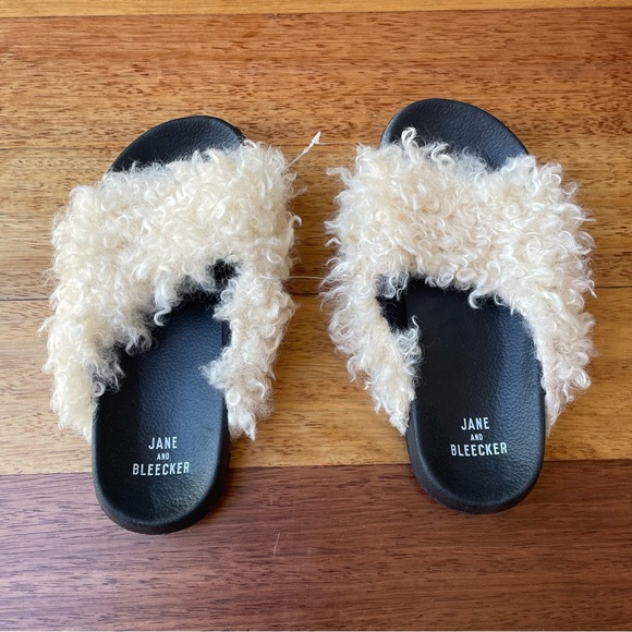 Jane and Bleecker | Shoes | Jane And Bleecker Cream Faux Fur Slides ...